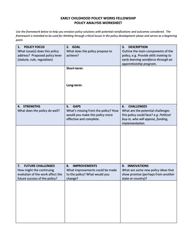 Policy Analysis Worksheet Handout - Children's Forum